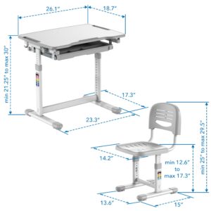 Mount-It! Kids Desk and Chair Set Height Adjustable up to 30" Ergonomic Kids Desk School, Kids Table and Chairs for Student 26" x 18" Tabletop with Pencil Drawer, 3-10 Age Children, Grey