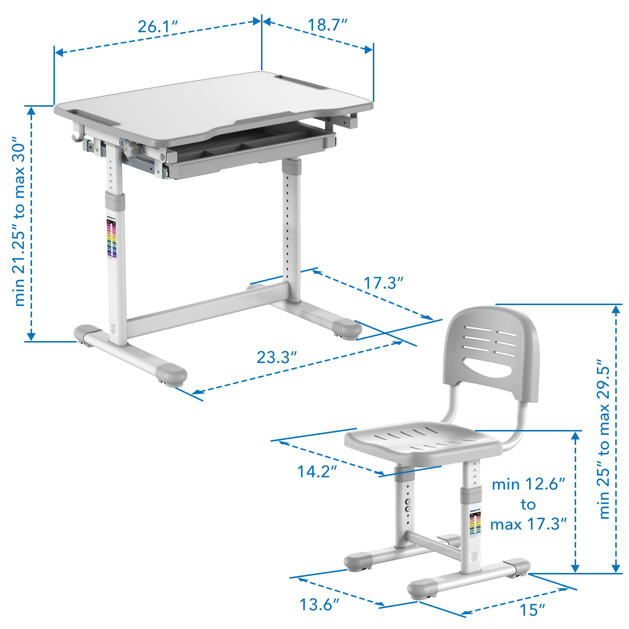 Mount-It! Kids Desk and Chair Set Height Adjustable up to 30" Ergonomic Kids Desk School, Kids Table and Chairs for Student 26" x 18" Tabletop with Pencil Drawer, 3-10 Age Children, Grey