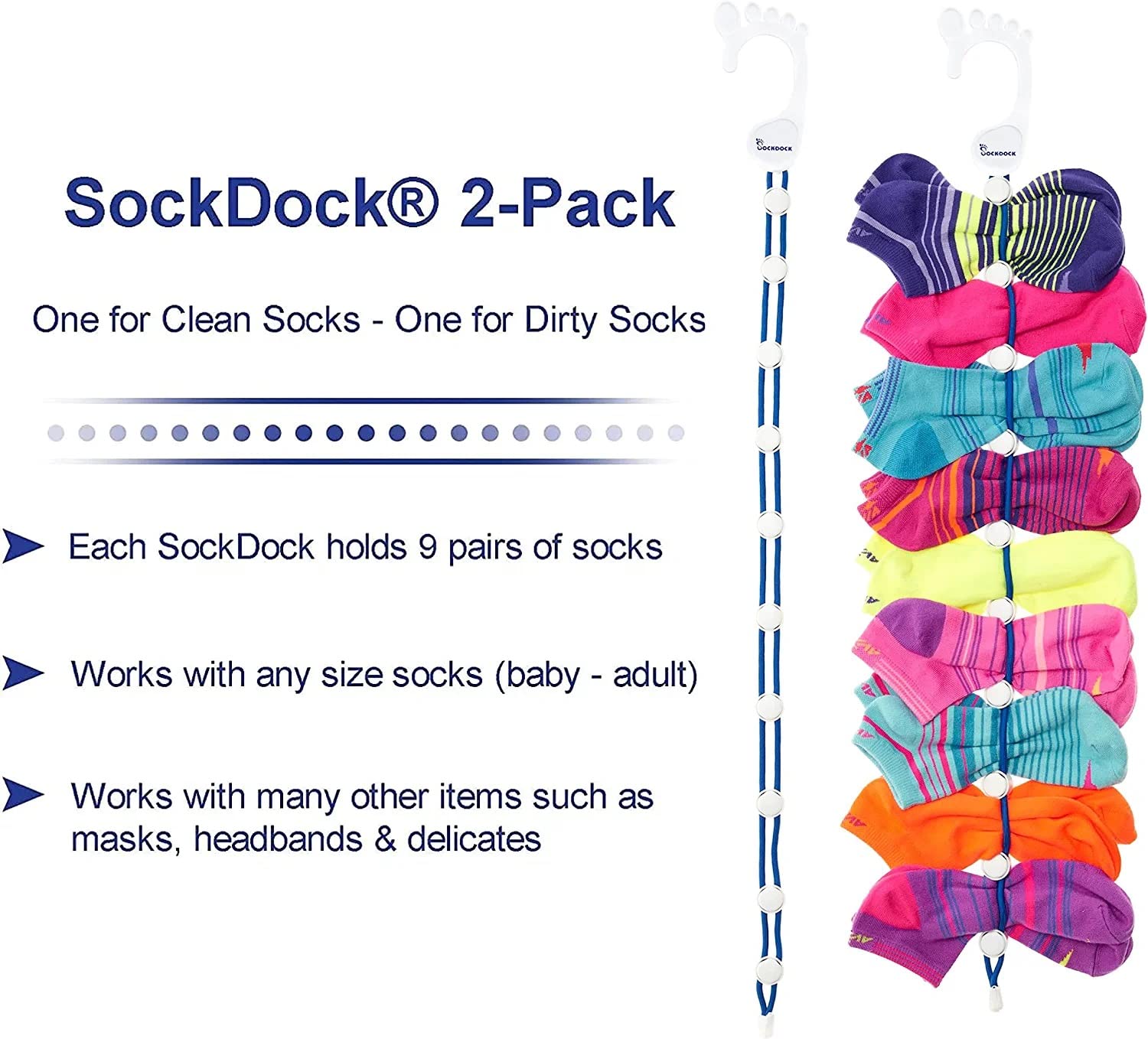 SockDock Sock Laundry Solution for Washing Drying & Storing Socks in Pairs, Clip & Hold Small & Long Socks in Washer Dryer & Closet, 2-Pack (Dark Blue)