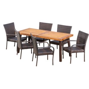 christopher knight home leopold outdoor 7-piece acacia wood/wicker dining set | with teak finish | in multibrown, rustic metal