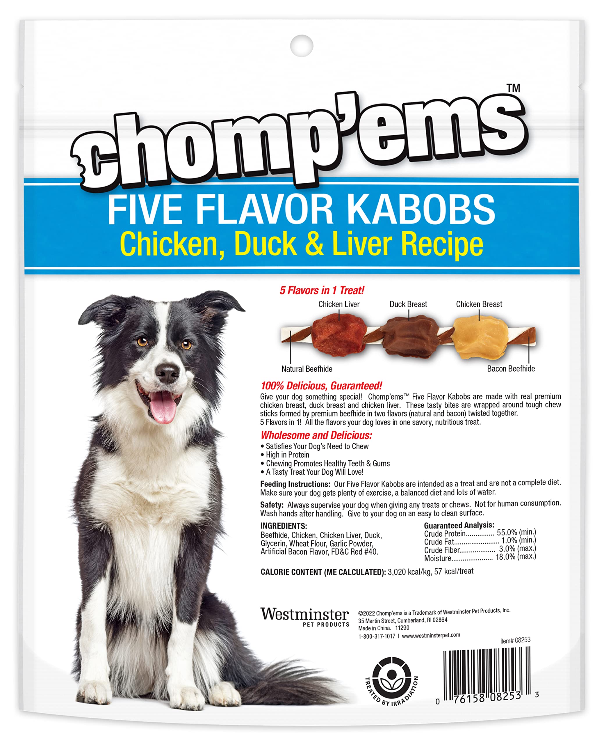 CHOMP 'EMS Five Flavor Kabobs Dog Treats - Beefhide Chewstick - High Protein Dog Chews, 15 Count