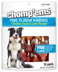 chomp 'ems five flavor kabobs dog treats - beefhide chewstick - high protein dog chews, 15 count