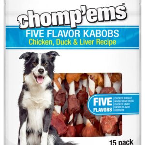 CHOMP 'EMS Five Flavor Kabobs Dog Treats - Beefhide Chewstick - High Protein Dog Chews, 15 Count