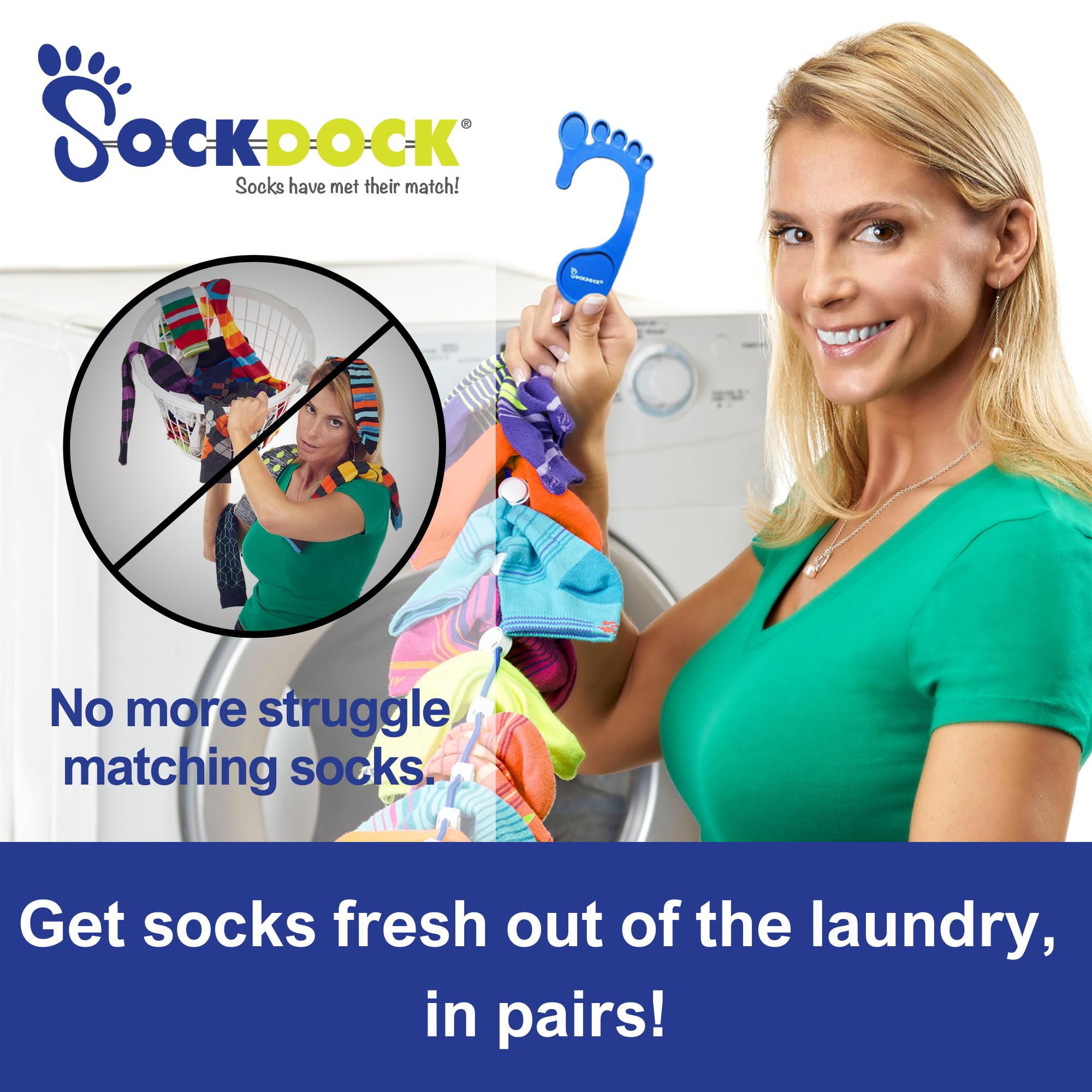 SockDock Sock Laundry Solution for Washing Drying & Storing Socks in Pairs, Clip & Hold Small & Long Socks in Washer Dryer & Closet, 2-Pack (Dark Blue)