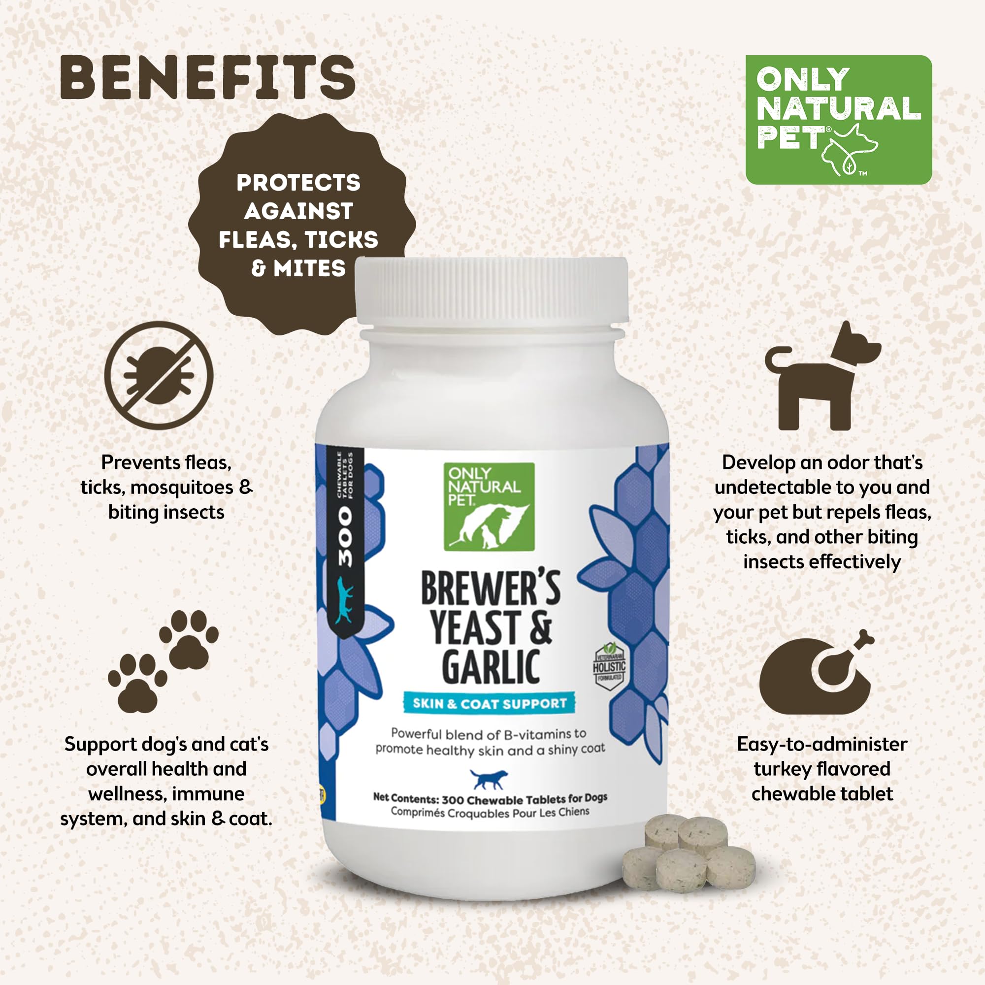 Only Natural Pet Brewer's Yeast & Garlic Chewables - All-Natural Flea & Tick Prevention for Dogs - Fortified with B Vitamins - Promotes Healthy Skin & Coat - 300 Count Tablet (3 Pack)