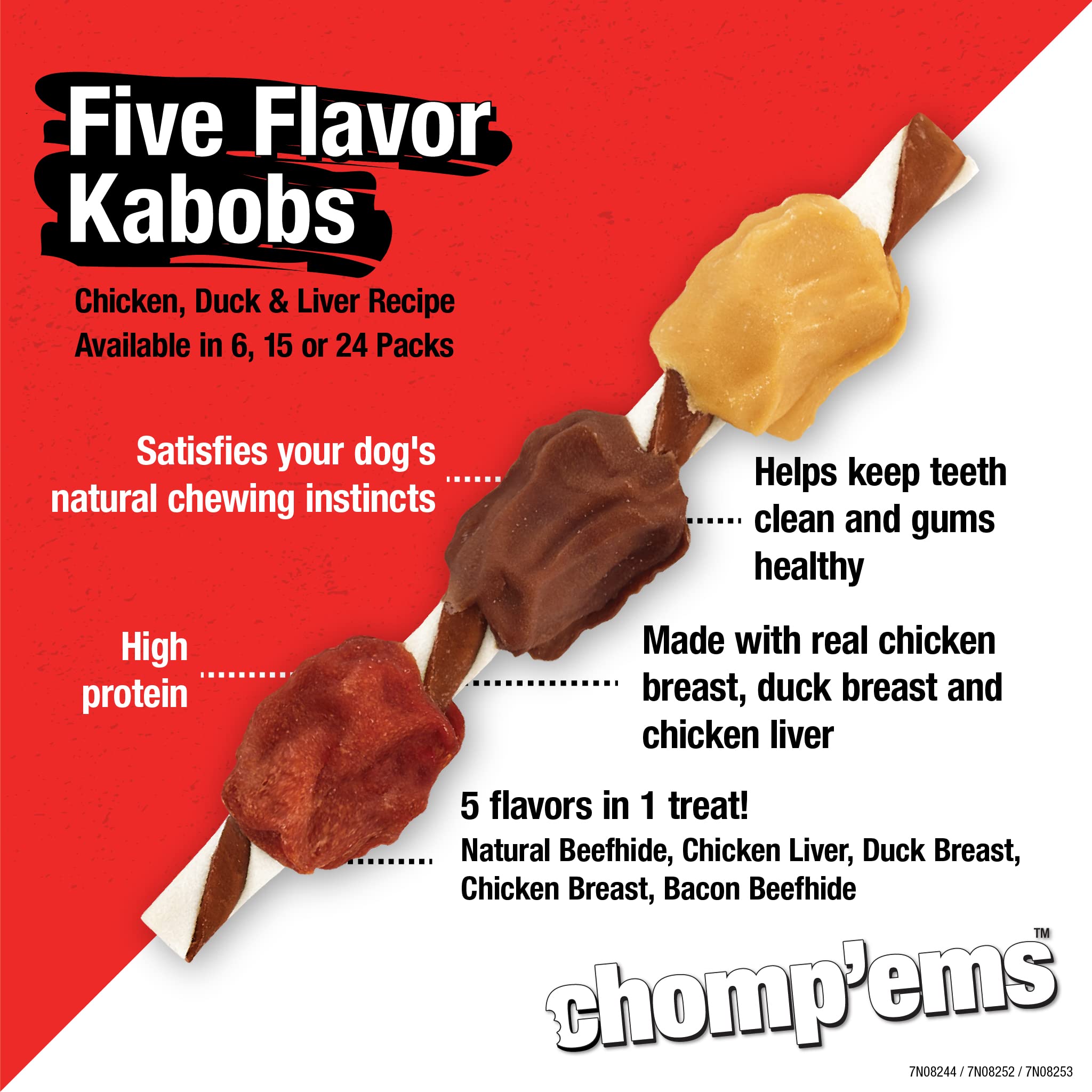 CHOMP 'EMS Five Flavor Kabobs Dog Treats - Beefhide Chewstick - High Protein Dog Chews, 15 Count