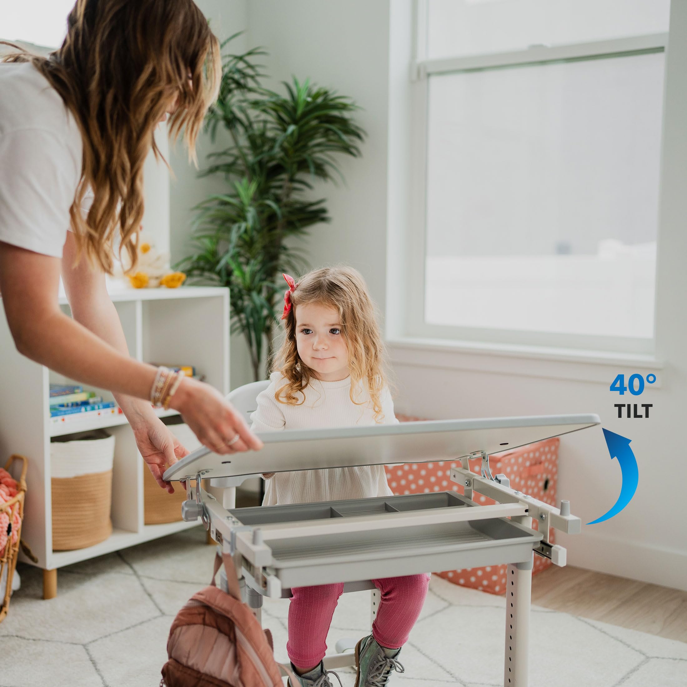 Mount-It! Kids Desk and Chair Set Height Adjustable up to 30" Ergonomic Kids Desk School, Kids Table and Chairs for Student 26" x 18" Tabletop with Pencil Drawer, 3-10 Age Children, Grey