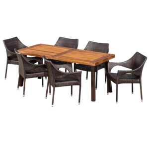 christopher knight home jerome outdoor 7-piece acacia wood/wicker dining set | with teak finish | in multibrown, rustic metal