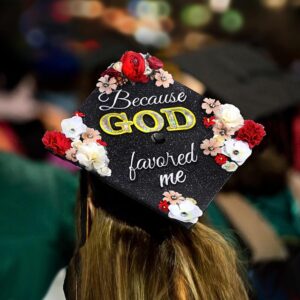 GRADWYSE Once Upon A Time Handmade Graduation Cap Topper Graduation Gifts Graduation Cap Decorations, Because God Favored Me Black