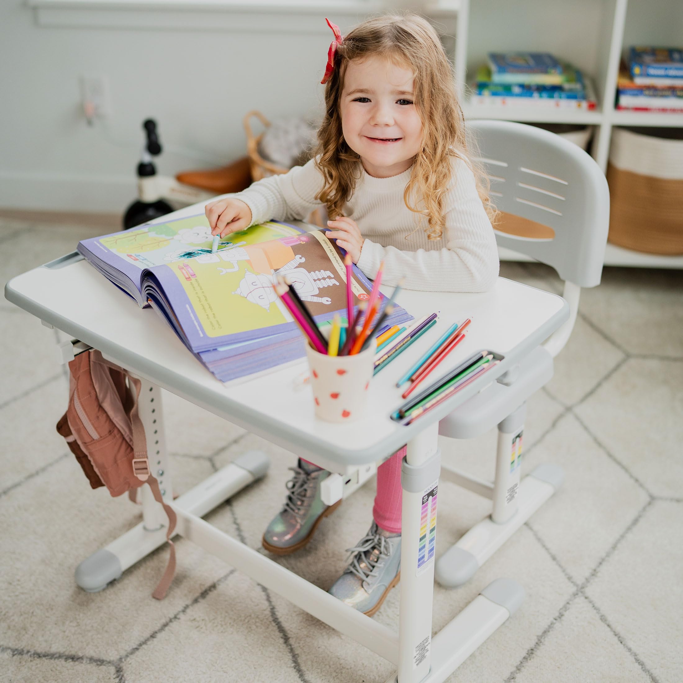 Mount-It! Kids Desk and Chair Set Height Adjustable up to 30" Ergonomic Kids Desk School, Kids Table and Chairs for Student 26" x 18" Tabletop with Pencil Drawer, 3-10 Age Children, Grey