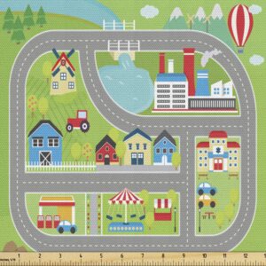 ambesonne car race track fabric by the yard, roadway activity sunny city landscape illustration with farm factory, decorative fabric for upholstery and home accents, green grey