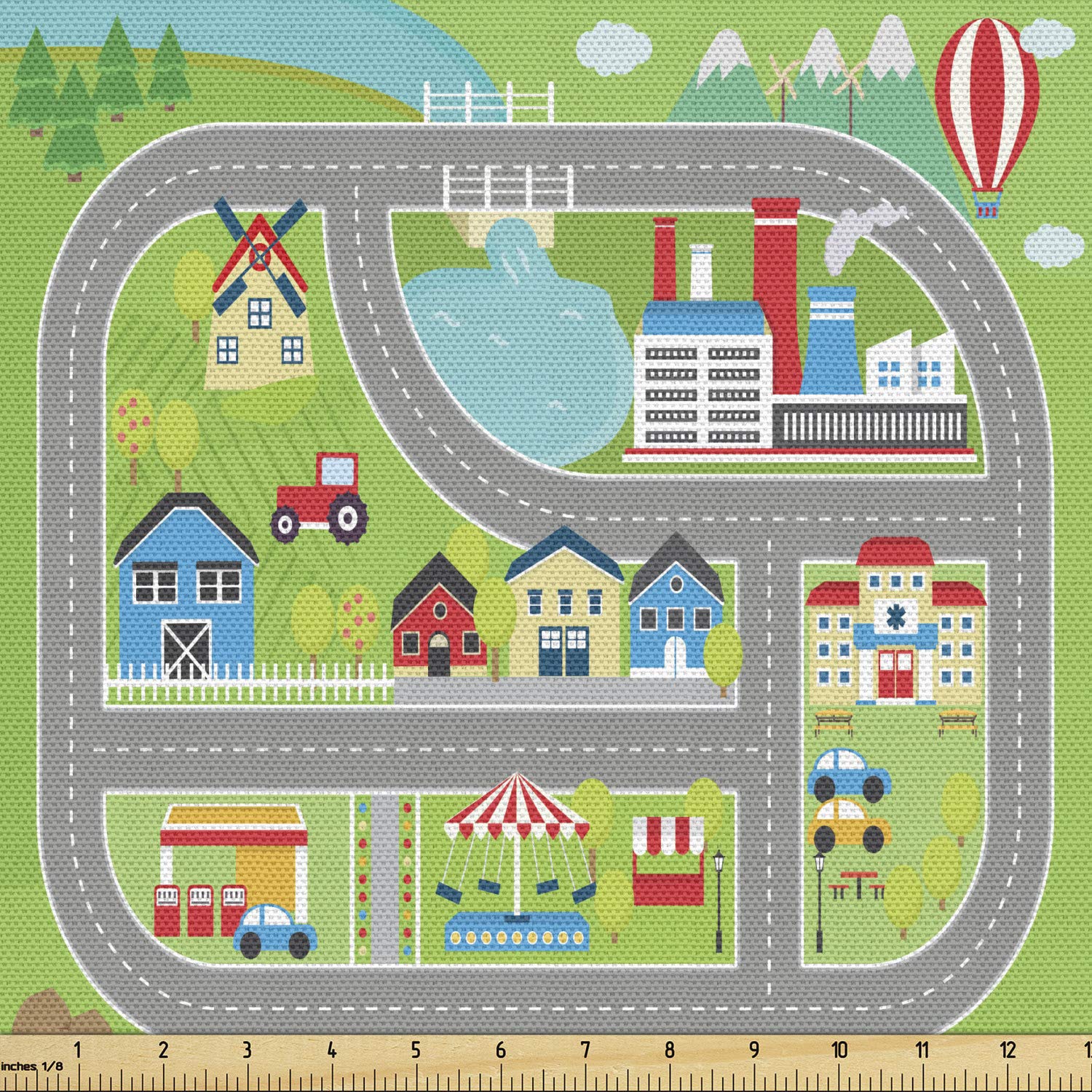 Ambesonne Car Race Track Fabric by The Yard, Roadway Activity Sunny City Landscape Illustration with Farm Factory, Decorative Fabric for Upholstery and Home Accents, Green Grey