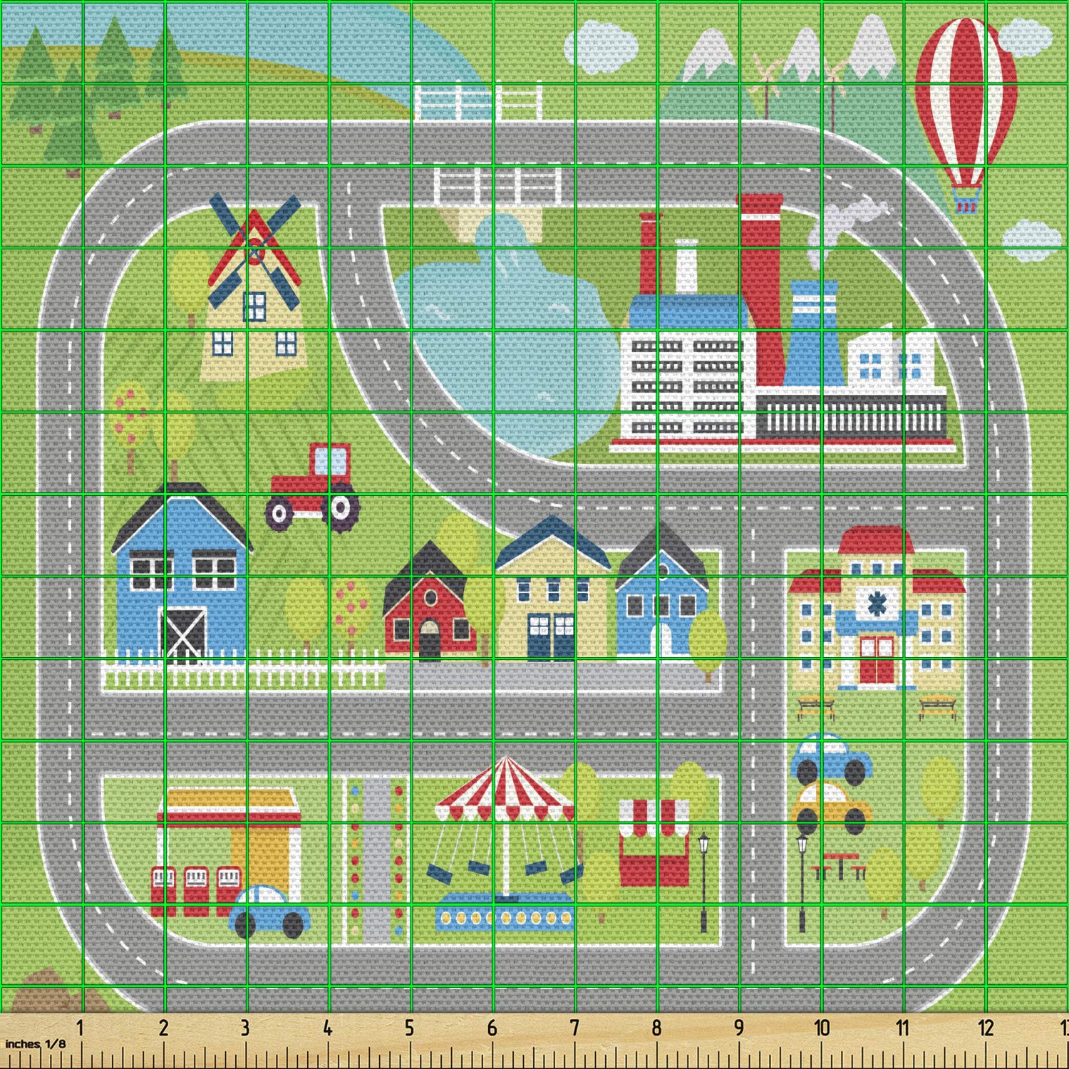 Ambesonne Car Race Track Fabric by The Yard, Roadway Activity Sunny City Landscape Illustration with Farm Factory, Decorative Fabric for Upholstery and Home Accents, Green Grey