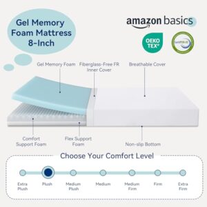 Amazon Basics Memory Foam Plush Mattress, Queen, White/Grey, 80 x 60 x 8 inches