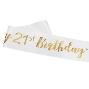 ADBetty 21st Birthday Tiara and Sash Set - White Sash/ Gold Foil Lettering, Rhinestone Tiara for Girl, 2 Piece Set, Costume Headwear for Young Adults, Perfect for Party Favors and Decorations