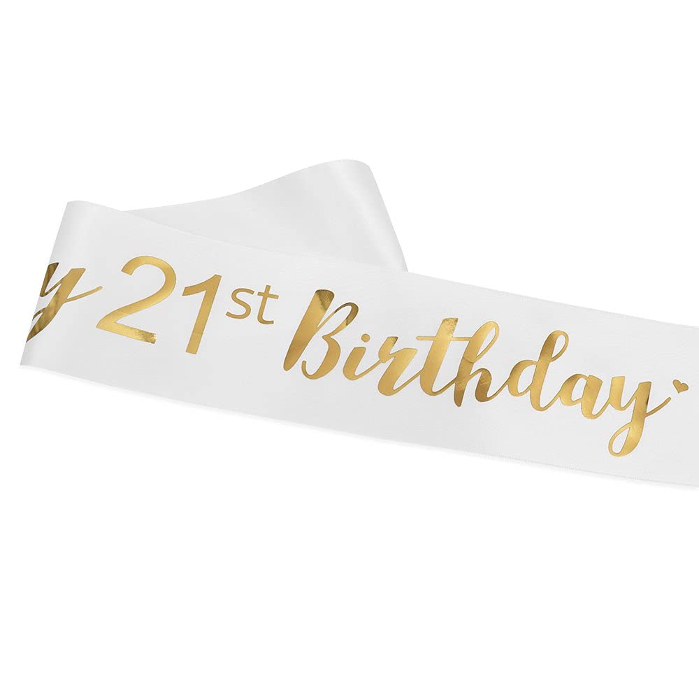 ADBetty 21st Birthday Tiara and Sash Set - White Sash/ Gold Foil Lettering, Rhinestone Tiara for Girl, 2 Piece Set, Costume Headwear for Young Adults, Perfect for Party Favors and Decorations