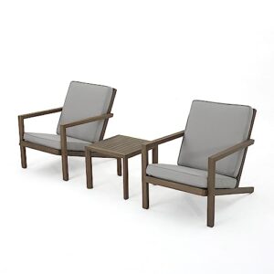 christopher knight home leah outdoor acacia wood chat set with water resistant cushions, 3-pcs set, grey finish / grey