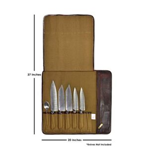 Boldric Cotton Canvas DD Hook Tie Chef Knife Bag – Professional Canvas Travel Roll Carrier Case With Water Buffalo Hide Trim - 7 Tool Holder Slots For Knives Pens Pencils Spoons (Khaki)