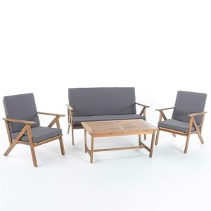 christopher knight home panama outdoor acacia wood chat set with water resistant cushions, 4-pcs set, teak finish / grey