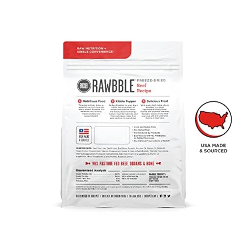 BIXBI Rawbble Freeze Dried Dog Food, Beef Recipe, 4.5 oz - 98% Meat and Organs, No Fillers - Pantry-Friendly Raw Dog Food for Meal, Treat or Food Topper - USA Made in Small Batches