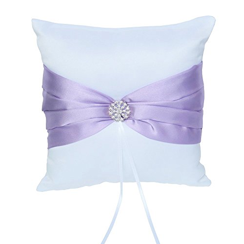 ARKSU Ring Bearer Pillow Cushion 7.8 x7.8 inch with Satin Ribbon and Rhinestones for Rustic Bridal Wedding Shower Ceremony-Lavender