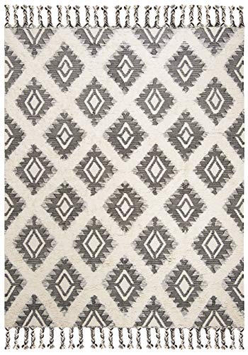 SAFAVIEH Kenya Collection Area Rug - 8' x 10', Black & Ivory, Hand-Knotted Moroccan Tribal Tassel Wool, Ideal for High Traffic Areas in Living Room, Bedroom (KNY910H)