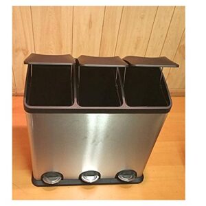 Triple Compartment 60Liter Recycling Trash Can Combo, Metal, Silver, 3 Bin XL Three Way Indoor Container Station Organizer, Heavy Duty, Rustproof, Portable, Dispenser