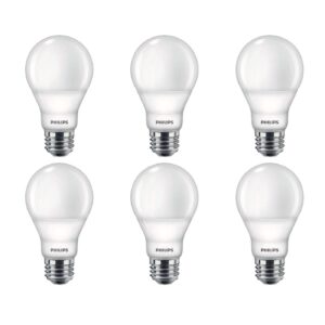 philips led flicker-free frosted a19 light bulb, dimmable warm glow effect, 800 lumen, 2700-2200k, 8.8w=60w, e26 base, 6-pack