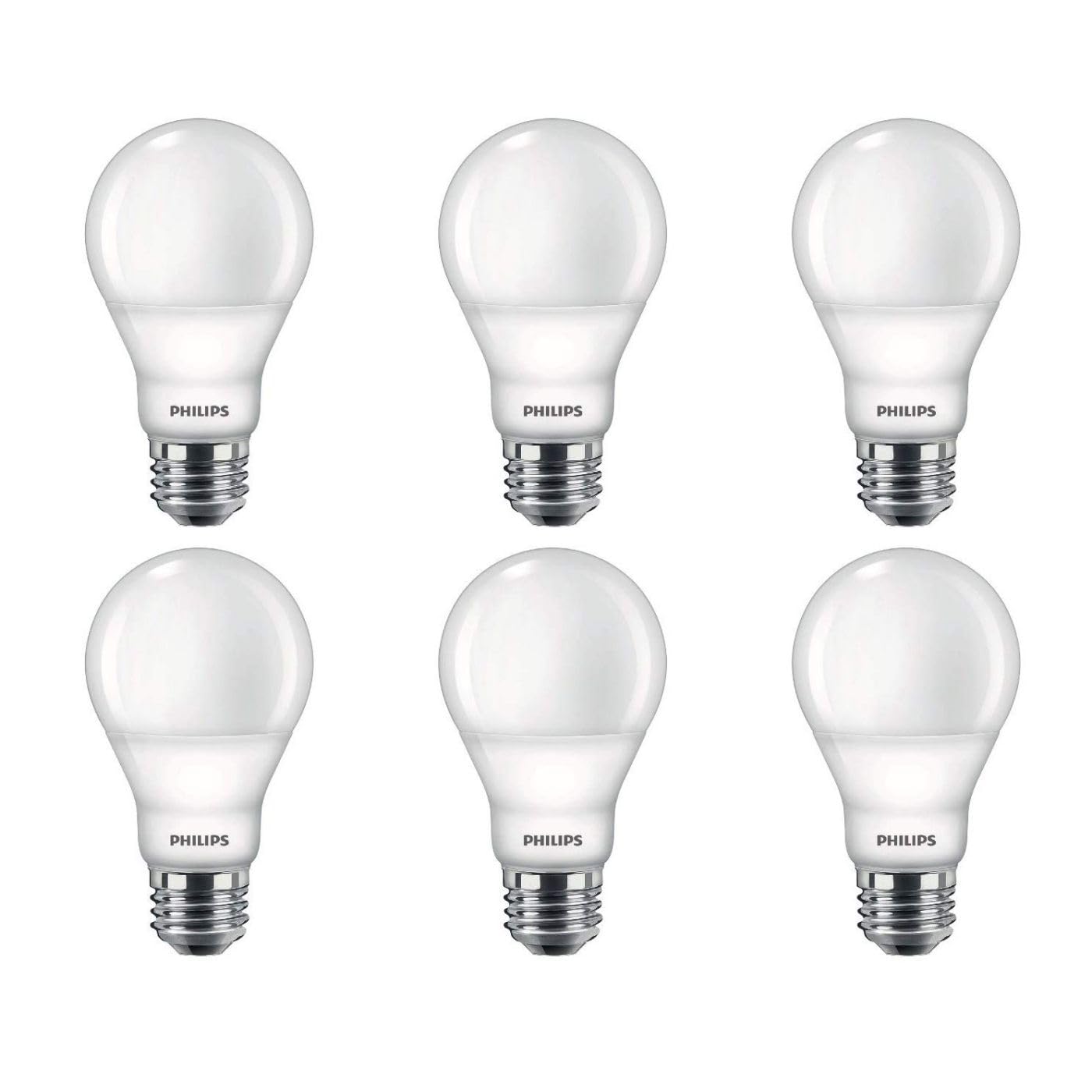 Philips LED Flicker-Free Frosted A19 Light Bulb, Dimmable Warm Glow Effect, 800 Lumen, 2700-2200K, 8.8W=60W, E26 Base, 6-Pack