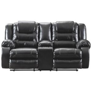 signature design by ashley vacherie faux leather manual pull-tab double reclining loveseat with center console, black