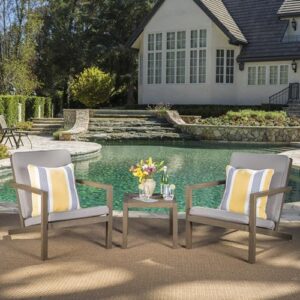 Christopher Knight Home Leah Outdoor Acacia Wood Chat Set with Water Resistant Cushions, 3-Pcs Set, Grey Finish / Grey