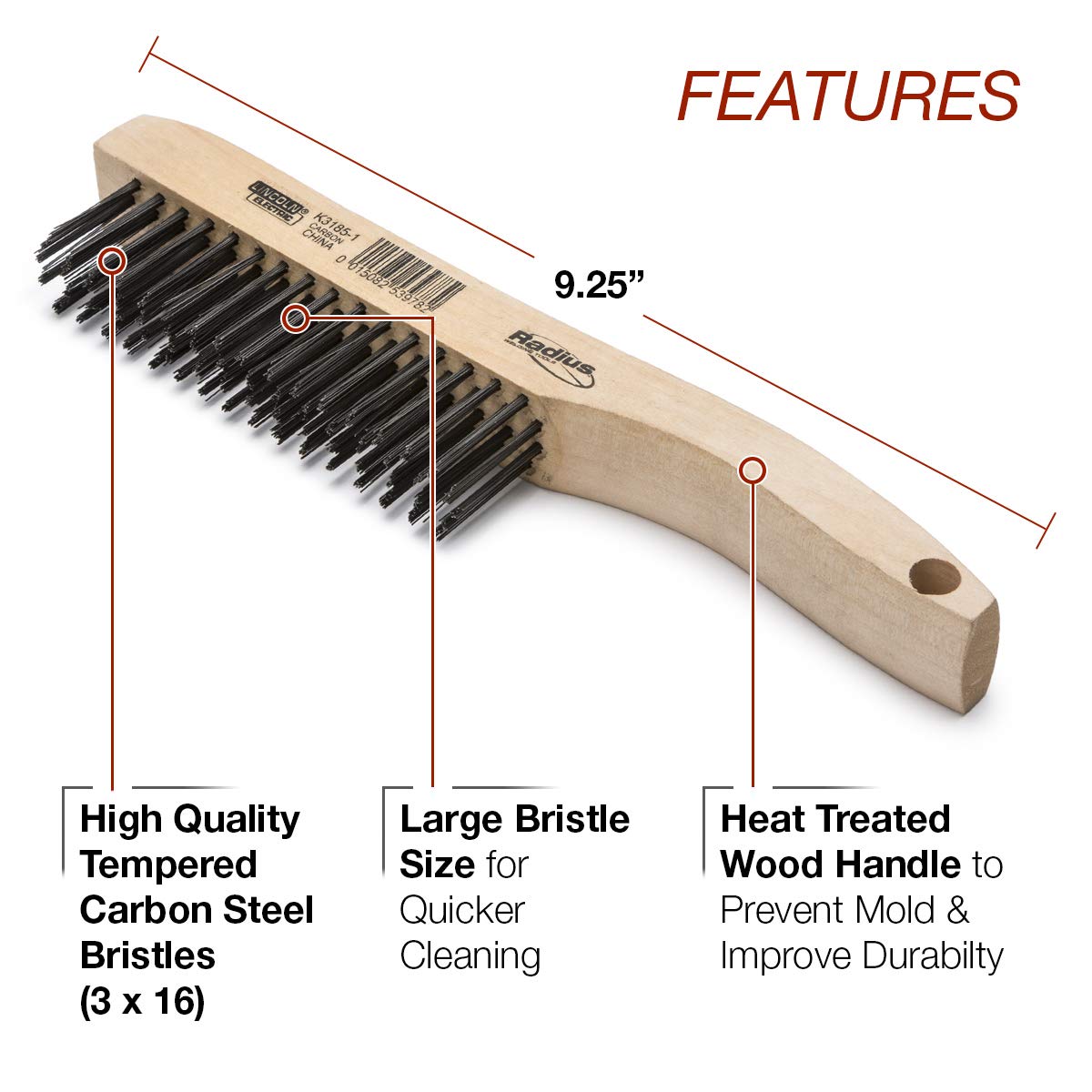 Lincoln Electric K3185-1 Carbon Steel Wire Brush, 4 x 16 Bristle Rows, 9.4" Length, Shoe Handle