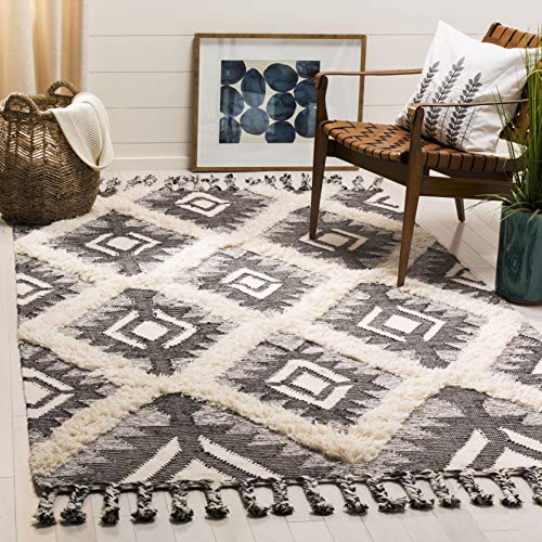 SAFAVIEH Kenya Collection Area Rug - 8' x 10', Black & Ivory, Hand-Knotted Moroccan Tribal Tassel Wool, Ideal for High Traffic Areas in Living Room, Bedroom (KNY910H)