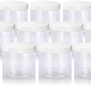 16 oz Clear Large PET Plastic Refillable Jar with White Lids (12 pack)