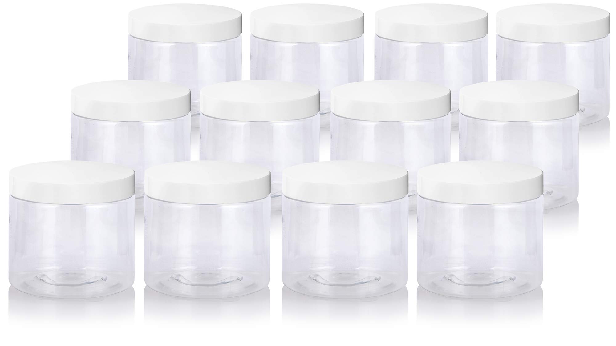 16 oz Clear Large PET Plastic Refillable Jar with White Lids (12 pack)