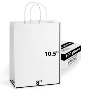 white paper bags with handles bulks 8 x 4.5 x 10.5 [100 bags]. ideal for shopping, packaging, retail, party, craft, gifts, wedding, recycled, business, goody and merchandise bag