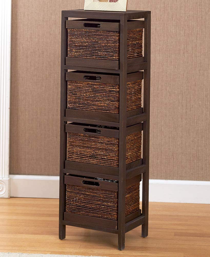 The Lakeside Collection Storage Tower and Baskets with Rope Detailing - 5 Pieces - Walnut