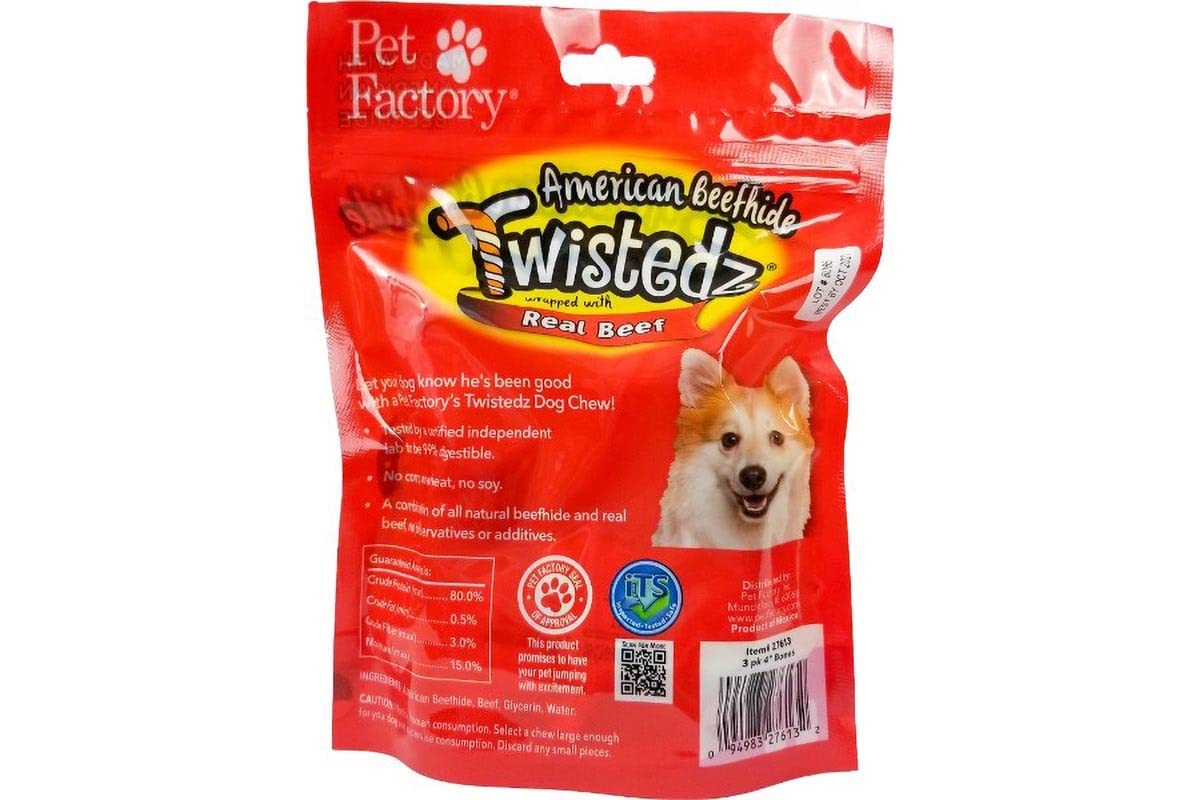 Pet Factory Twistedz American Beefhide 4-5" Knotted Bones Dog Chew Treats w/ Real Beef Meat Wrap - 3 Count/1 Pack