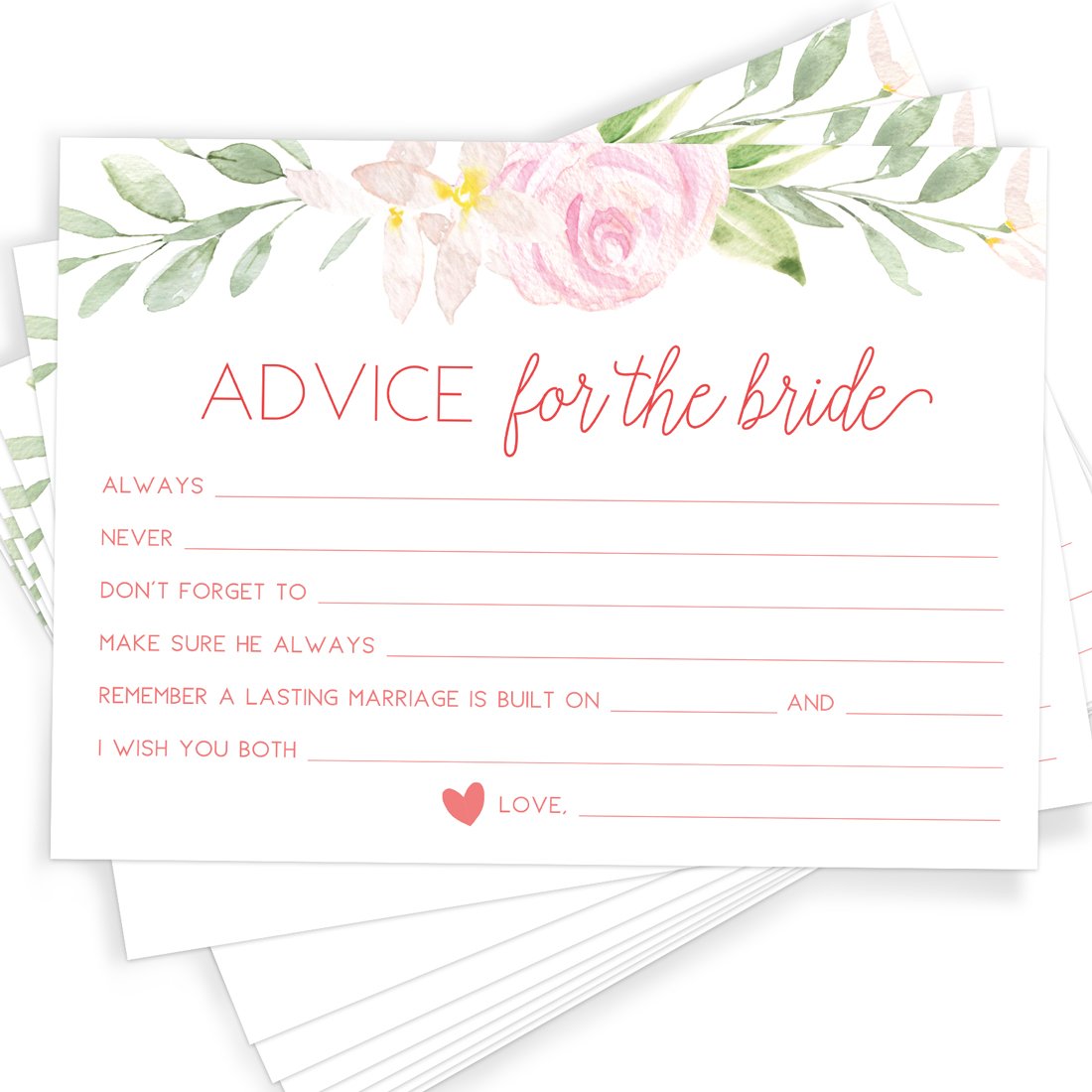 Printed Party Advice and Wishes for the Mr and Mrs – Wedding Advice Cards for Bridal Shower, Games and Favors for Guests, Pink Floral Design, 50 Guests