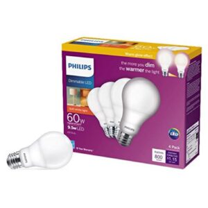 Philips LED Flicker-Free Frosted A19 Light Bulb, Dimmable Warm Glow Effect, 800 Lumen, 2700-2200K, 8.8W=60W, E26 Base, 6-Pack