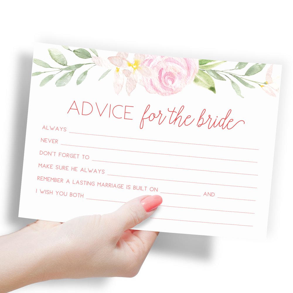 Printed Party Advice and Wishes for the Mr and Mrs – Wedding Advice Cards for Bridal Shower, Games and Favors for Guests, Pink Floral Design, 50 Guests