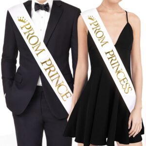 ttcorock prom prince and prom princess sashes - graduation party school party accessories, white with gold print