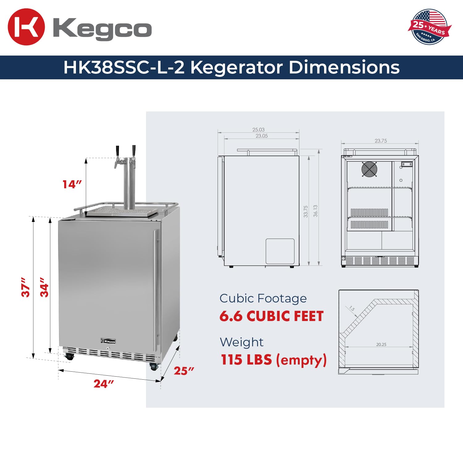 Kegco Kegerator 24" Wide Dual Tap Stainless Steel Commercial Beer Dispenser HK38SSC-L-2