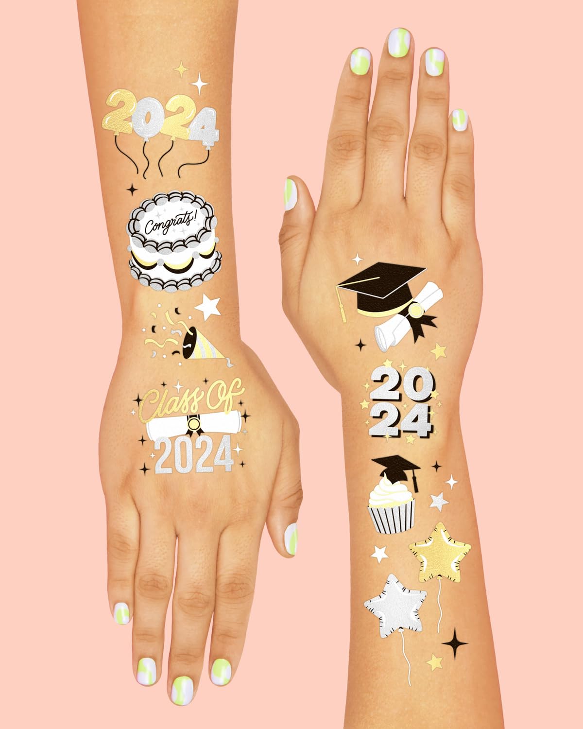 xo, Fetti 2024 Graduation Temporary Tattoos - 48 Foil Styles | New Grad Party Decorations, College Graduate Girls Accessory, High School Senior Gift, Graduation Cap Tassel Decor, Congrats Grad Favor