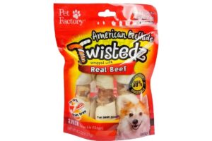 pet factory twistedz american beefhide 4-5" knotted bones dog chew treats w/ real beef meat wrap - 3 count/1 pack