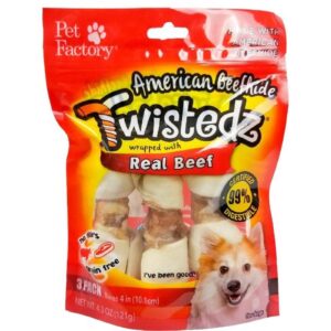 Pet Factory Twistedz American Beefhide 4-5" Knotted Bones Dog Chew Treats w/ Real Beef Meat Wrap - 3 Count/1 Pack