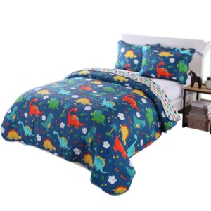 100% cotton 2 piece kids quilt bedspread comforter set throw blanket for teens boys girls kids beds bedding coverlet dinosaur (full)