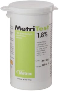 metritest - 1.8% glutaraldehyde - concentration indicator pad - 60 test strips - bottle - single use