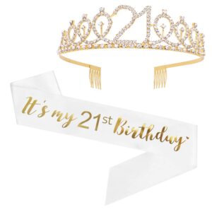 adbetty 21st birthday tiara and sash set - white sash/ gold foil lettering, rhinestone tiara for girl, 2 piece set, costume headwear for young adults, perfect for party favors and decorations