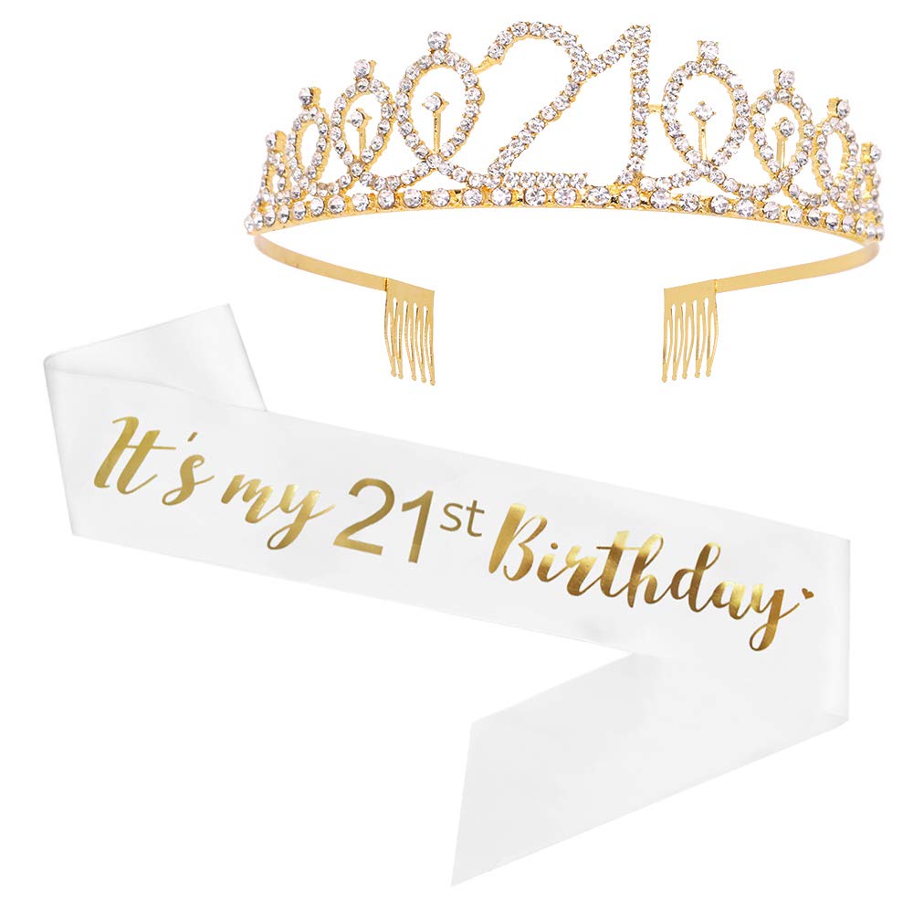 ADBetty 21st Birthday Tiara and Sash Set - White Sash/ Gold Foil Lettering, Rhinestone Tiara for Girl, 2 Piece Set, Costume Headwear for Young Adults, Perfect for Party Favors and Decorations